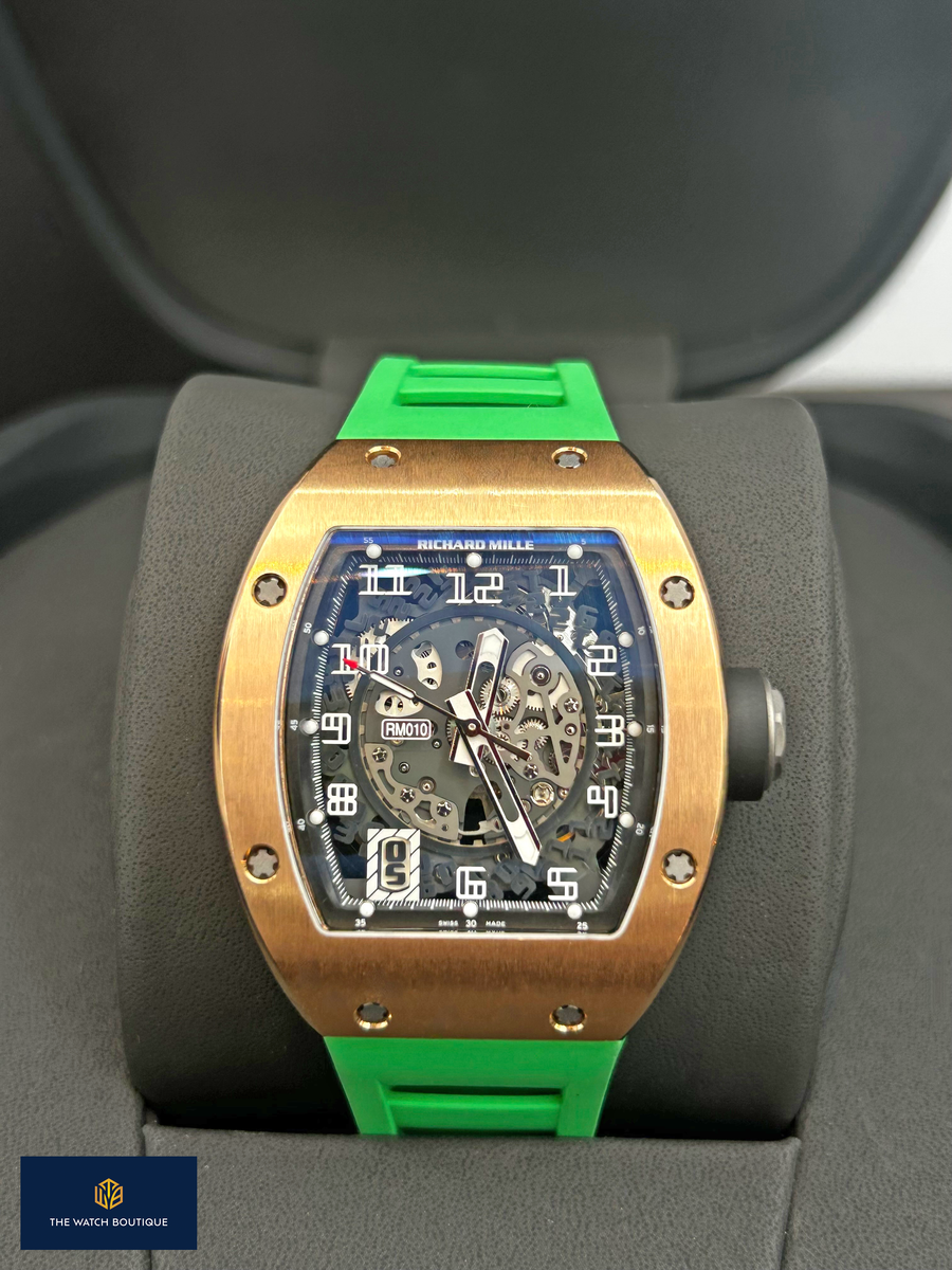 Richard Mille - RM010 - Rose Gold - 2014 - Green Strap – The Watch Boutique